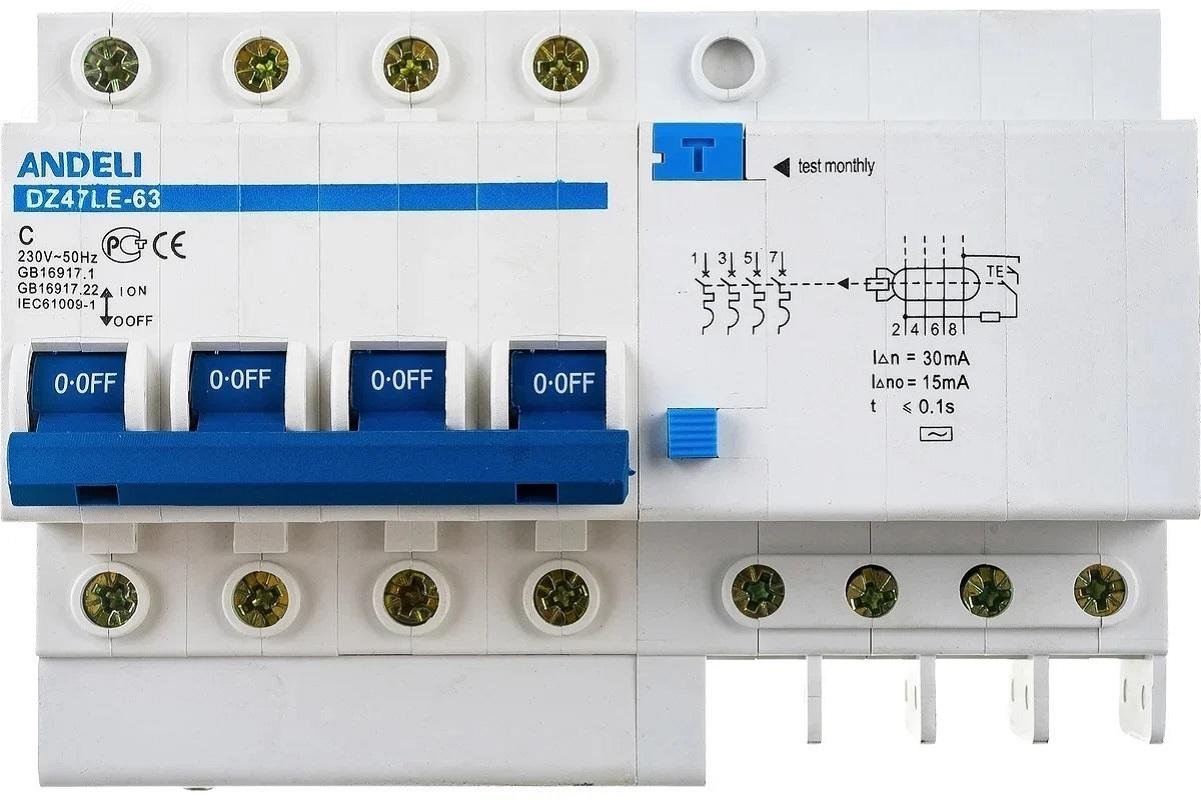 Выключатель автоматический дифференциальный АВДТ 4P 32A 30mA AC х-ка C 6кА DZ47le-63 артикул ...