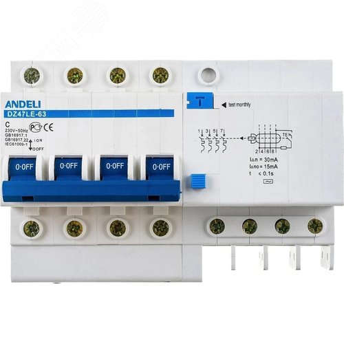 Выключатель автоматический дифференциальный АВДТ 4P 32A 30mA AC х-ка C 6кА DZ47le-63 артикул ...
