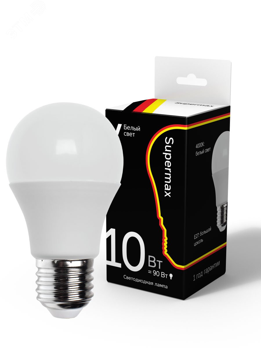 Лампа светодиодная LED 10Вт A60 220В Е27 4000К белый 800 лм артикул Sup ...